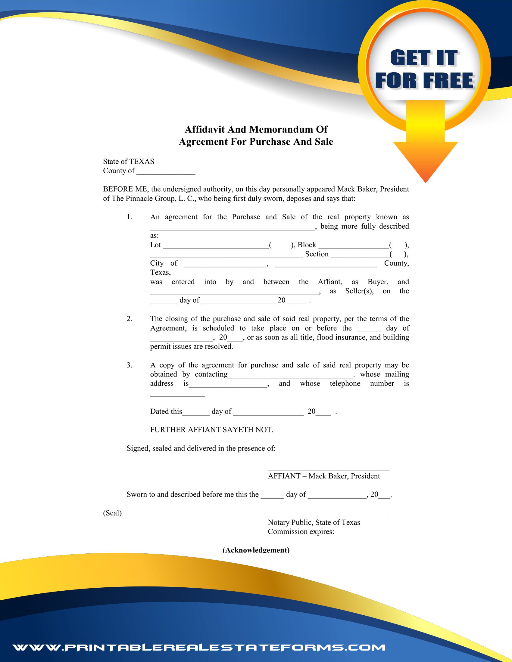 Sample Affidavit Of Memorandum For Purchase And Sale Form