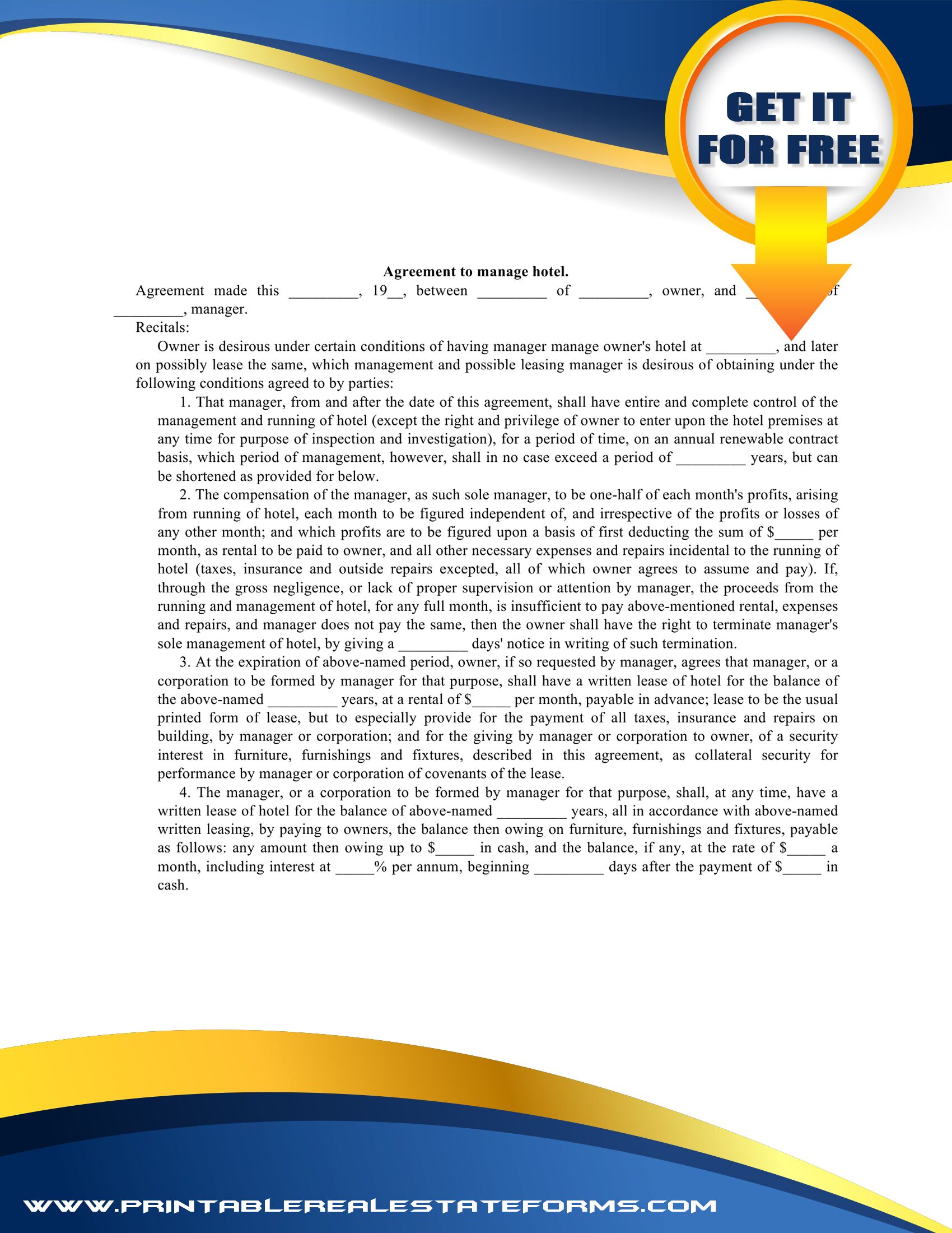 Sample Printable Agreement To Manage Hotel Forms Template 2024