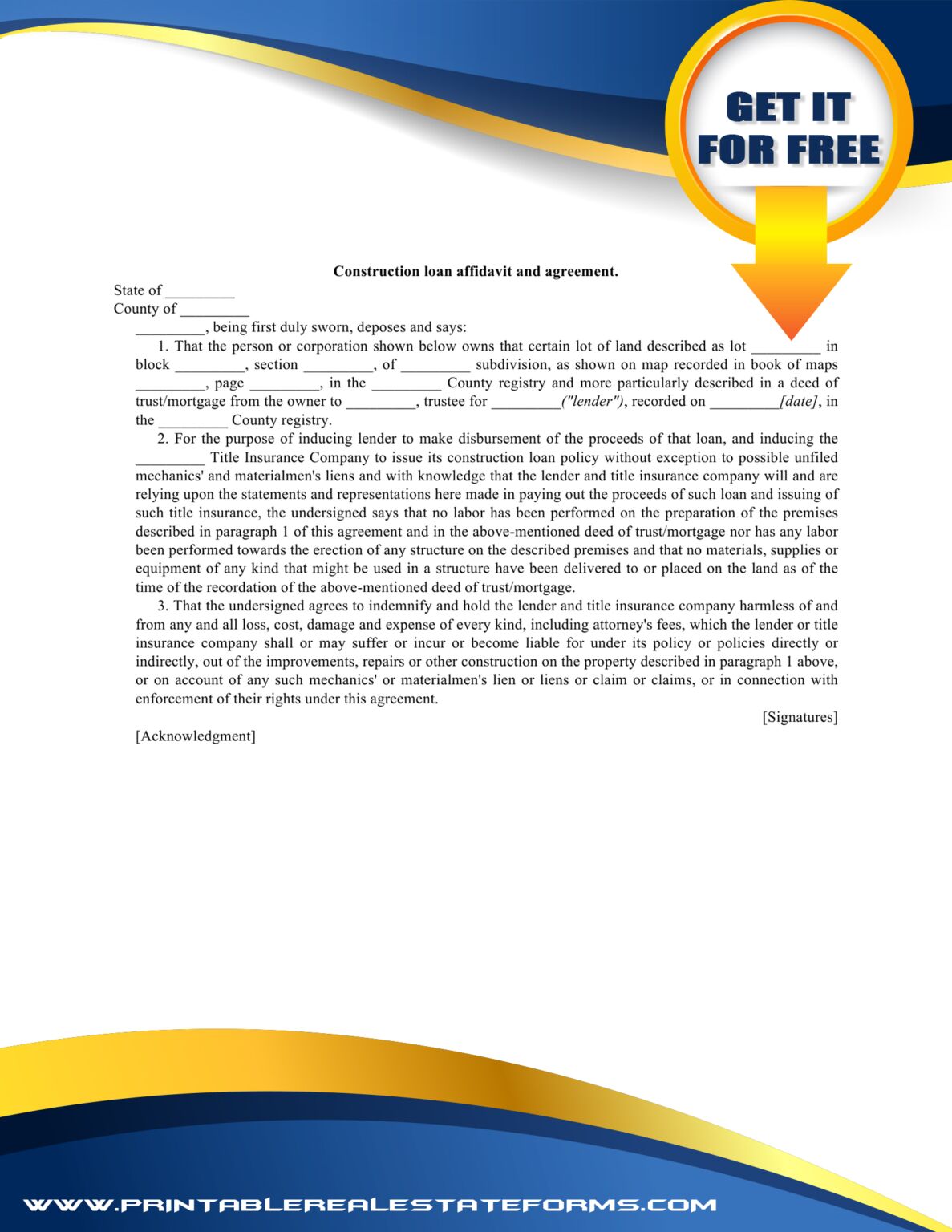 Sample Construction Loan Affidavit And Agreement Template