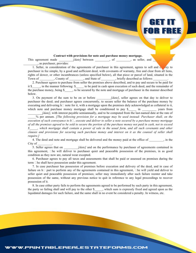 Sample Printable Contract With Provisions For Note And Purchase Money ...
