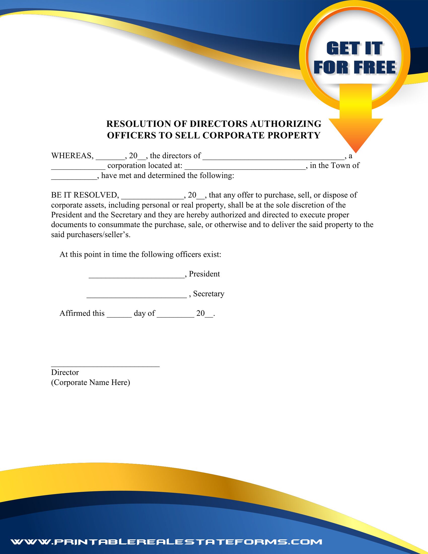 Sample Corporate Resolution To Sell Property Template Forms
