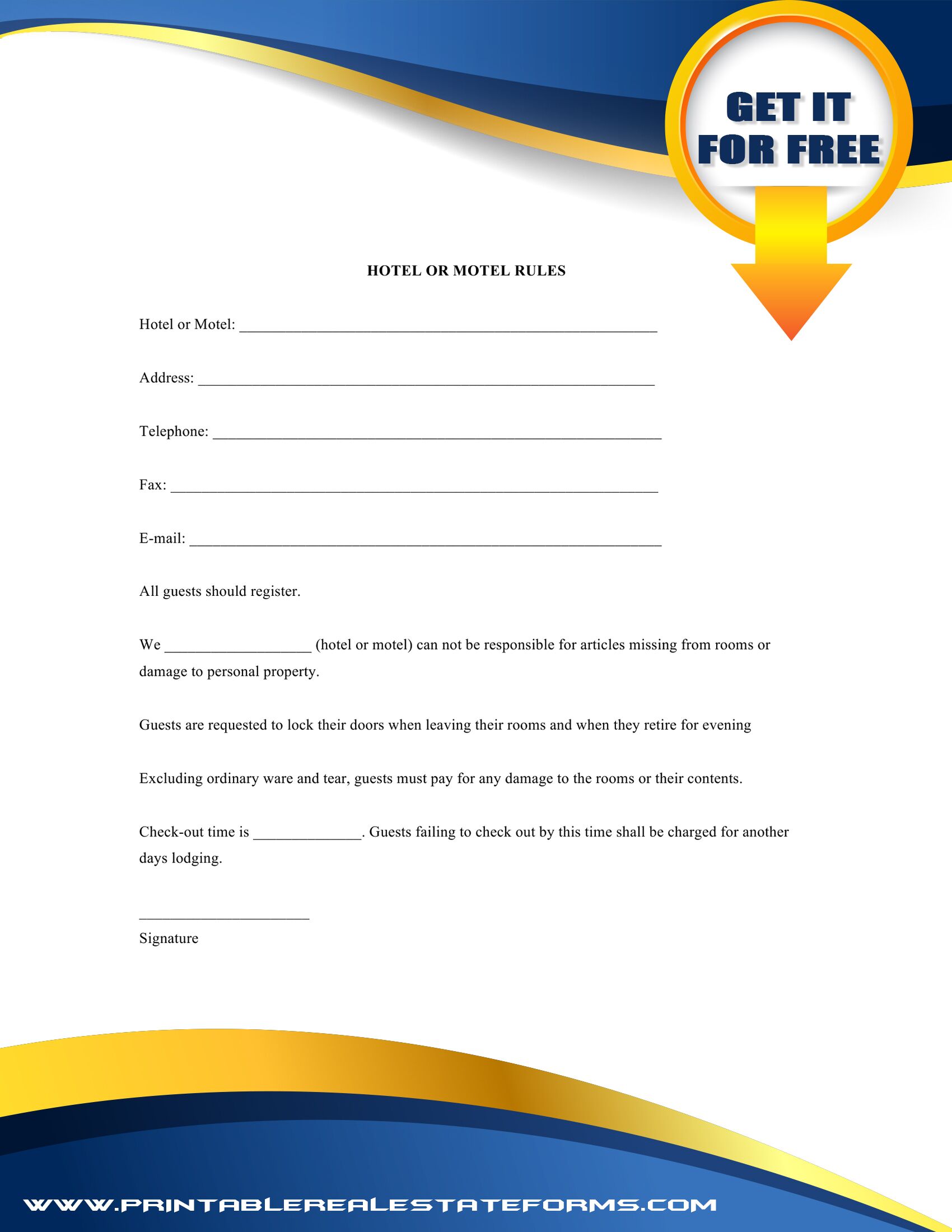 Sample Printable Hotel Or Motel Rules Forms Template 2025