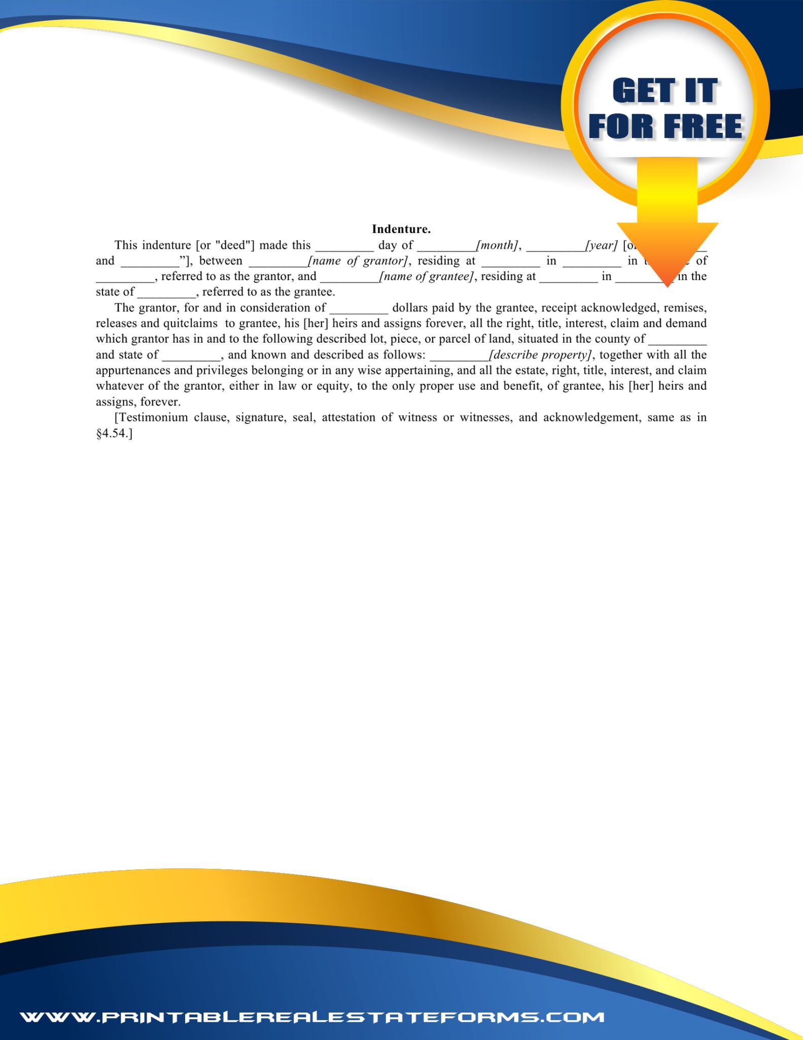 Sample Printable Indenture Forms Template 2026