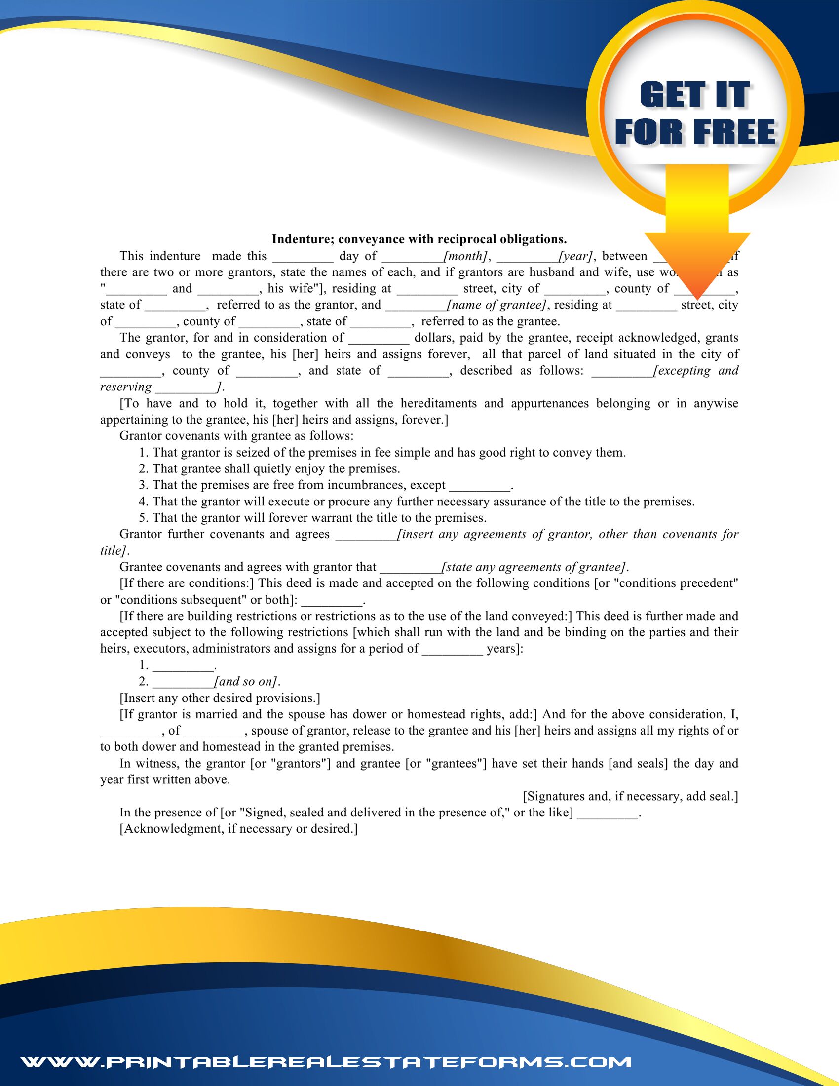Sample Printable Indenture; Conveyance With Reciprocal Obligations ...