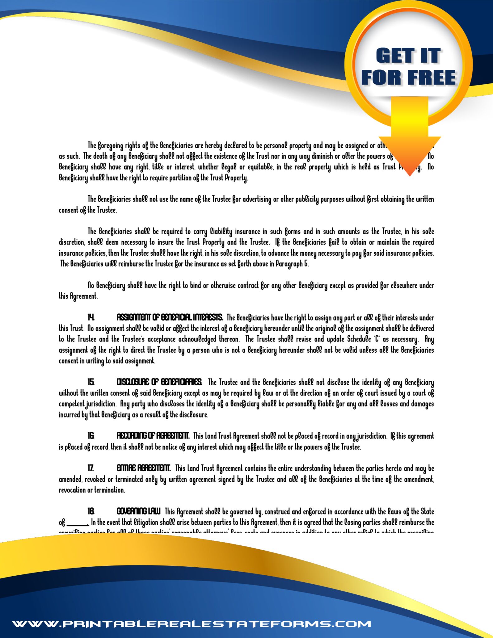 Sample Printable Land Trust Agreement Forms Template 2025