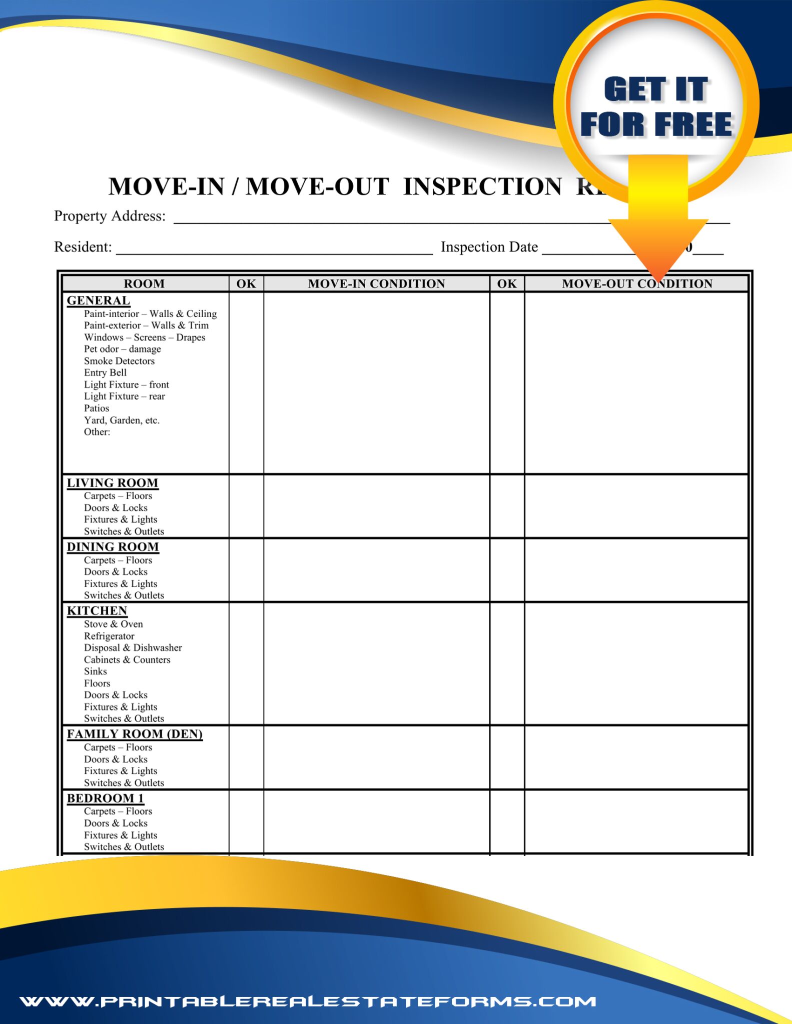 Get Sample Move-In Move-Out Inspection Report Form Template