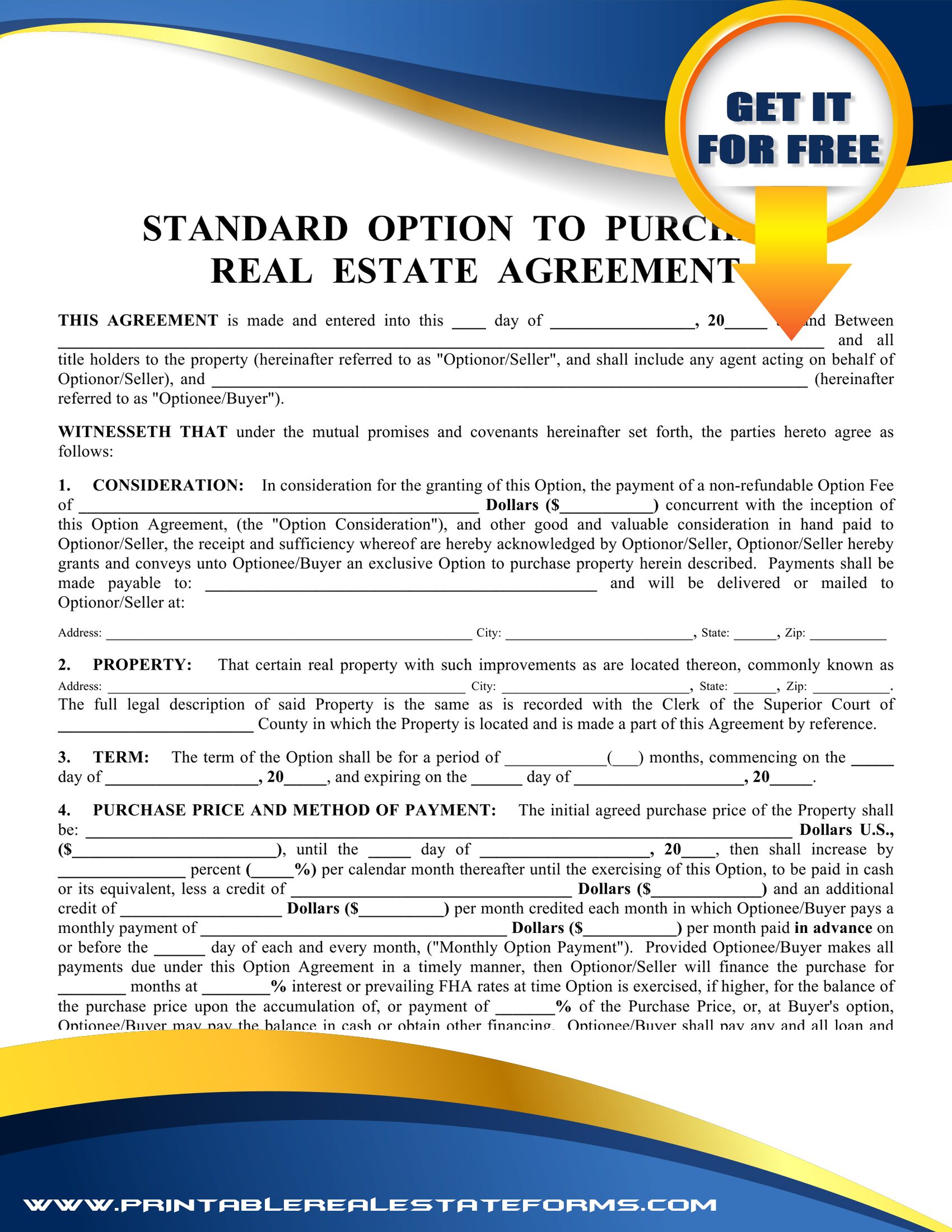 Sample Printable Option Agreement Forms Template 2026
