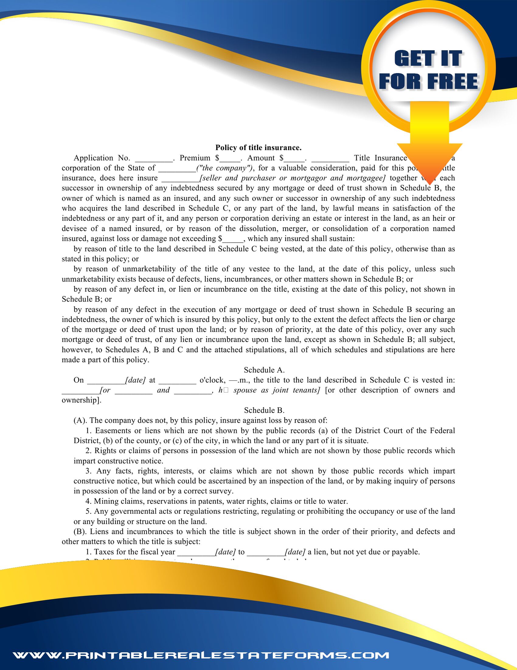 Sample Printable Policy Of Title Insurance Forms Template 2024