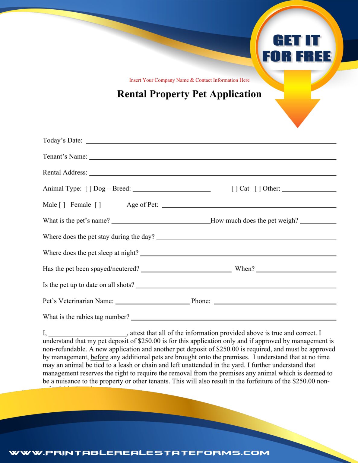 Sample Printable Rental Pet Application Forms Template 2023