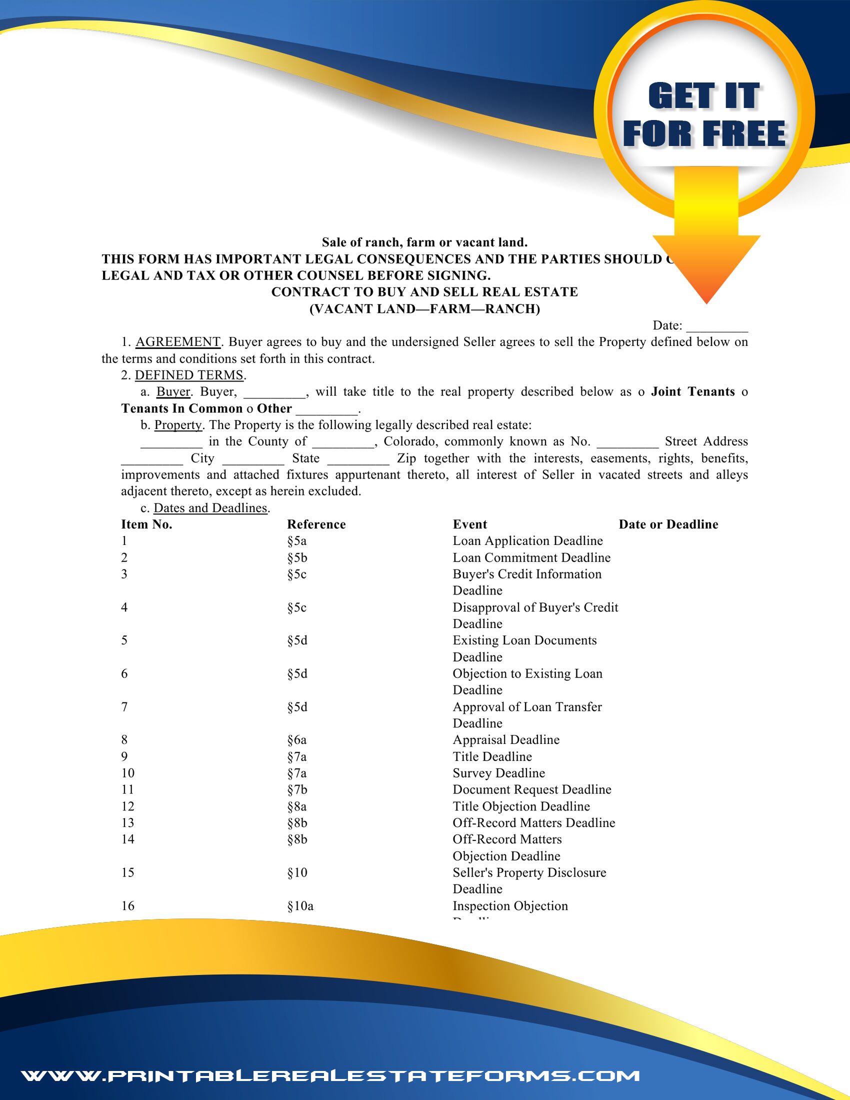 Sample Printable Sale Of Ranch, Farm Or Vacant Land Forms Template 2026