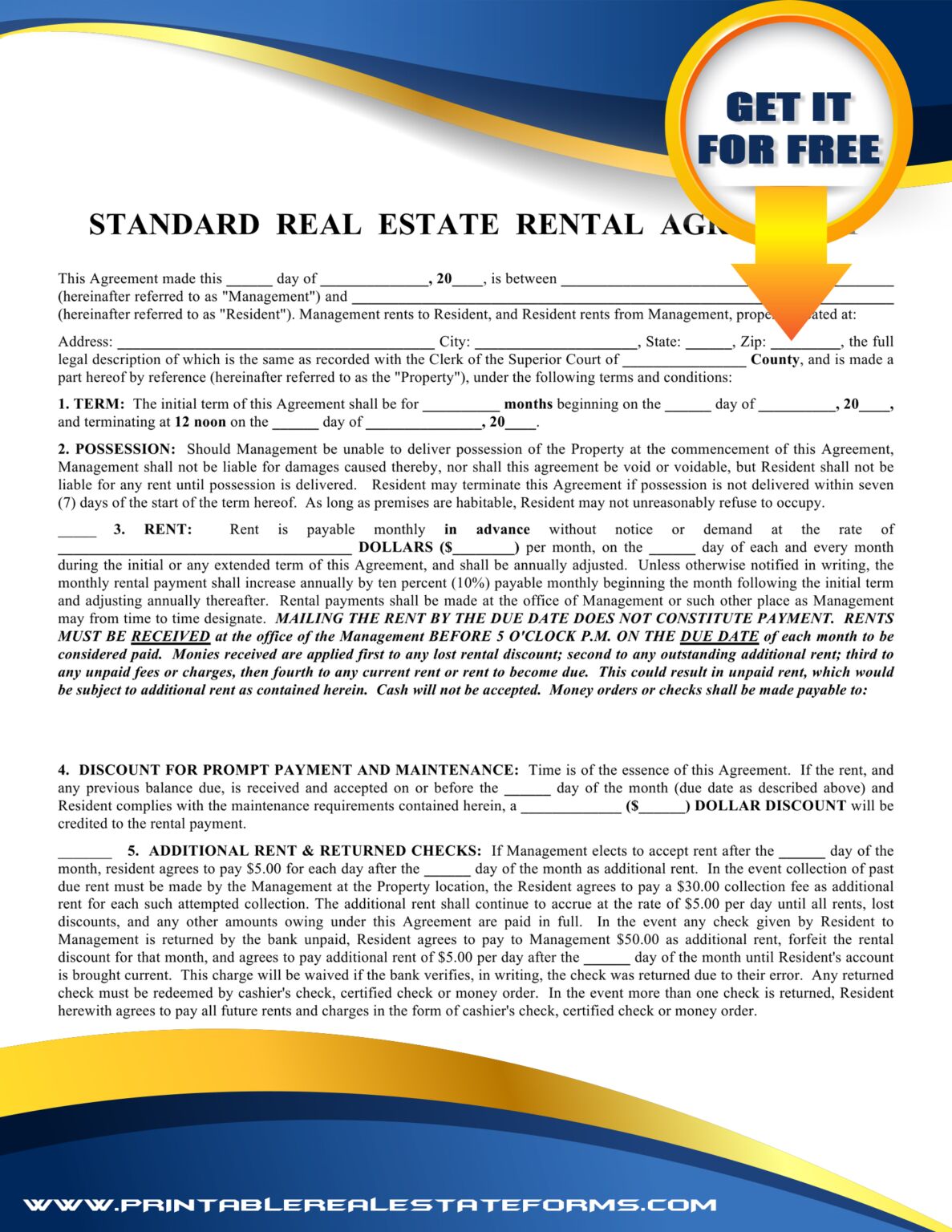 Sample Printable Standard Rental Agreement Forms Template 2024