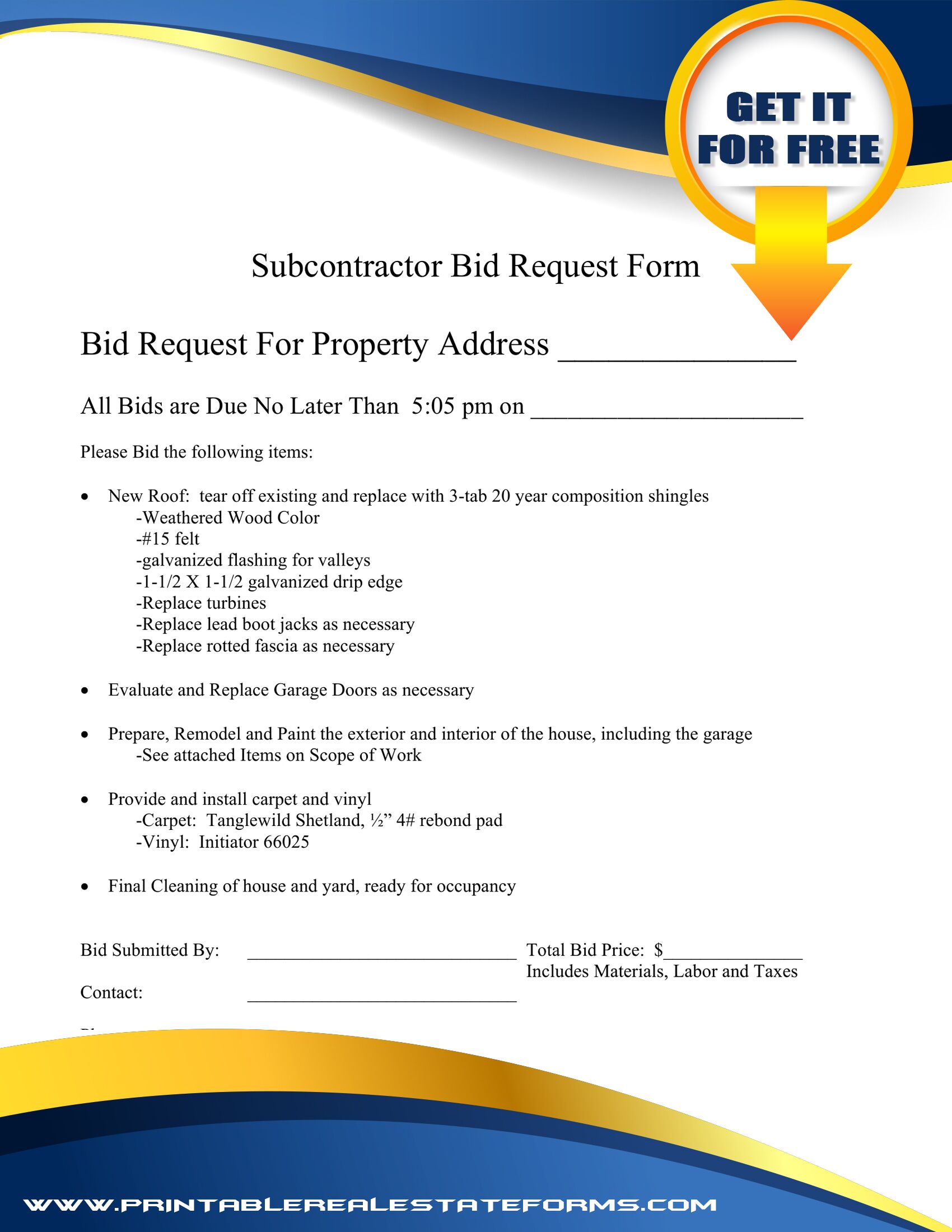 Printable Sample Subcontractor Bid Request Form Template