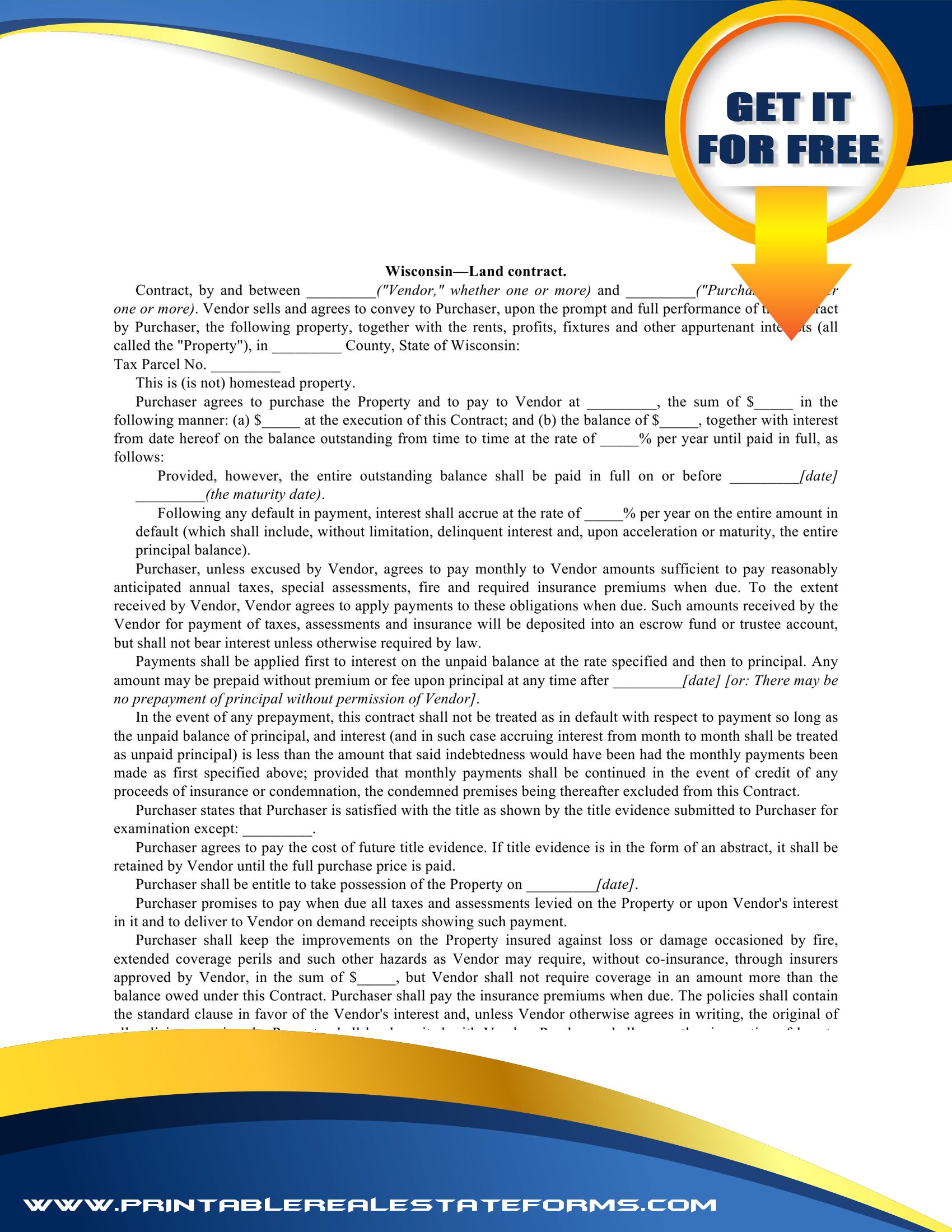 Sample Printable Wisconsin-Land Contract Forms Template 2026