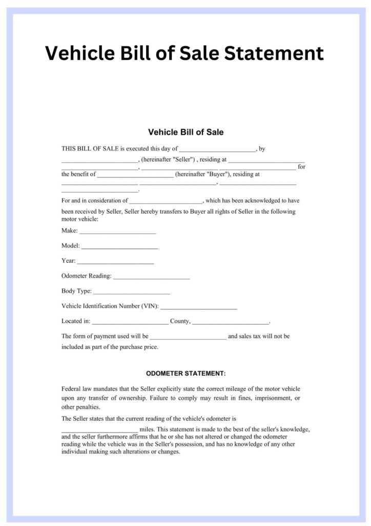 Sample Printable Auto Bill Of Sale Forms Template 2024
