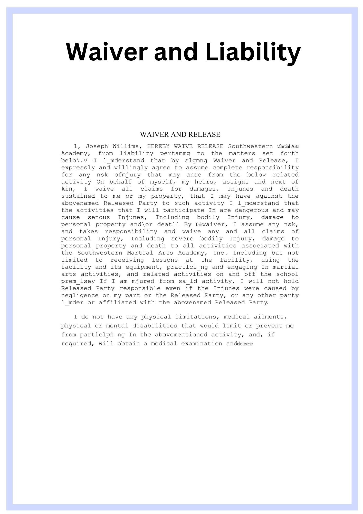 Sample Printable Liability Waiver Form Template Forms Template 2023