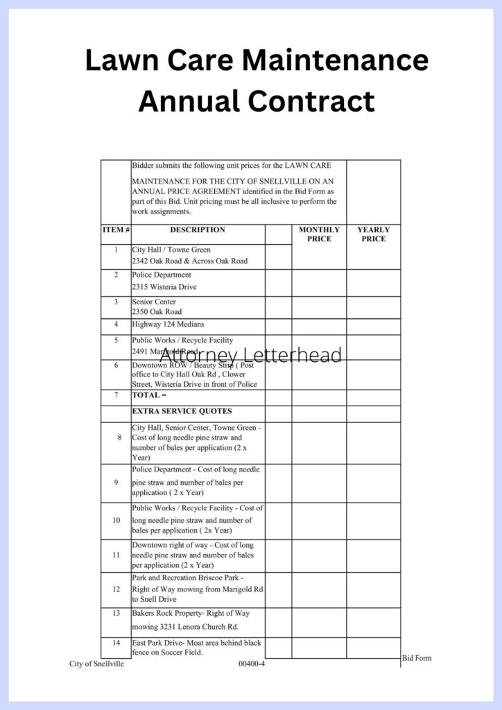 Sample Printable Lawn Care Contract Forms Template 2023