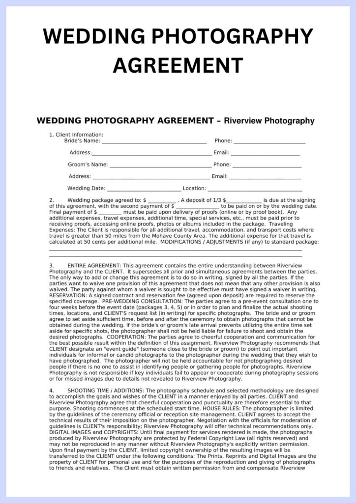 Sample Printable Wedding Photography Contract Template Forms Template 2023