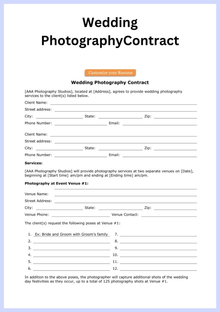 Sample Printable Wedding Photography Contract Template Forms Template 2023