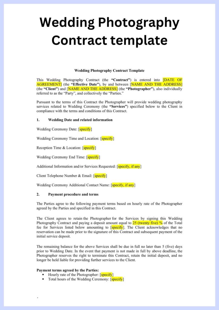 Sample Printable Wedding Photography Contract Template Forms Template 2023