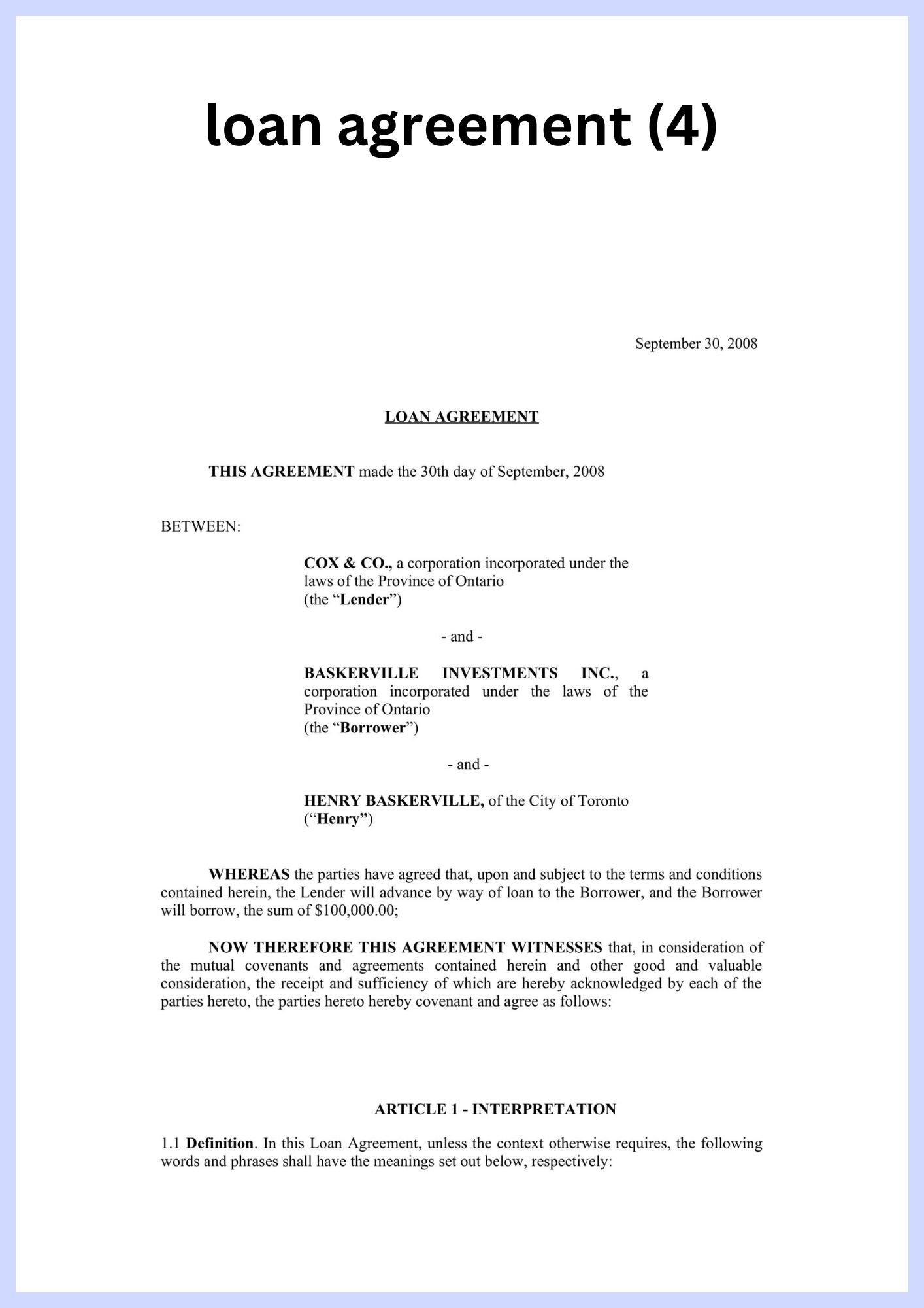 Sample Printable Loan Agreement Forms Template 2023