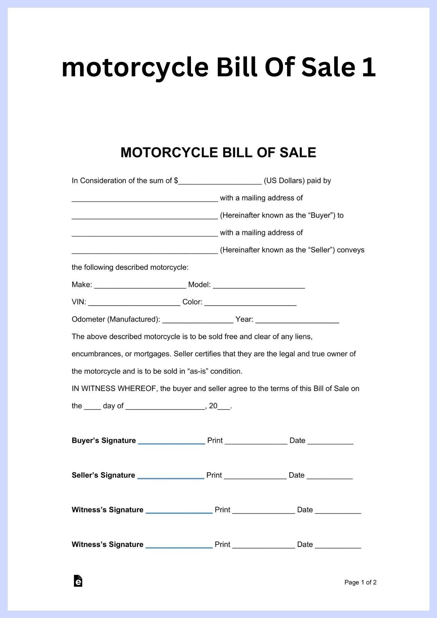 Sample Printable Bill Of Sale (Motorcycle) Forms Template 2023