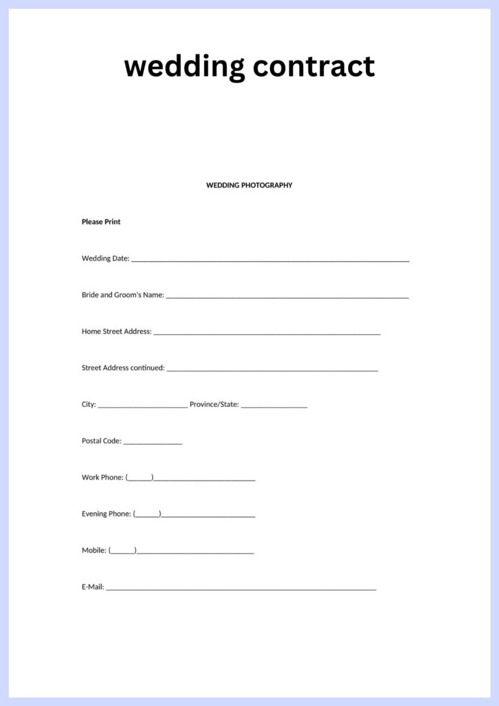 Sample Printable Wedding Photography Contract Template Forms Template 2023