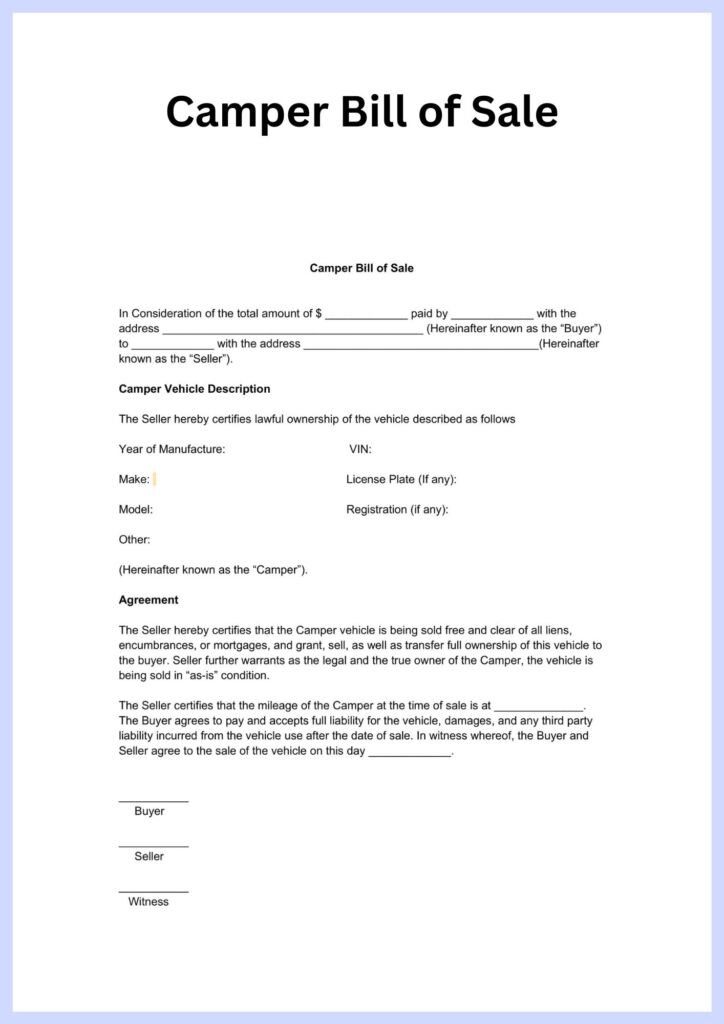 Printable Camper Bill Of Sale