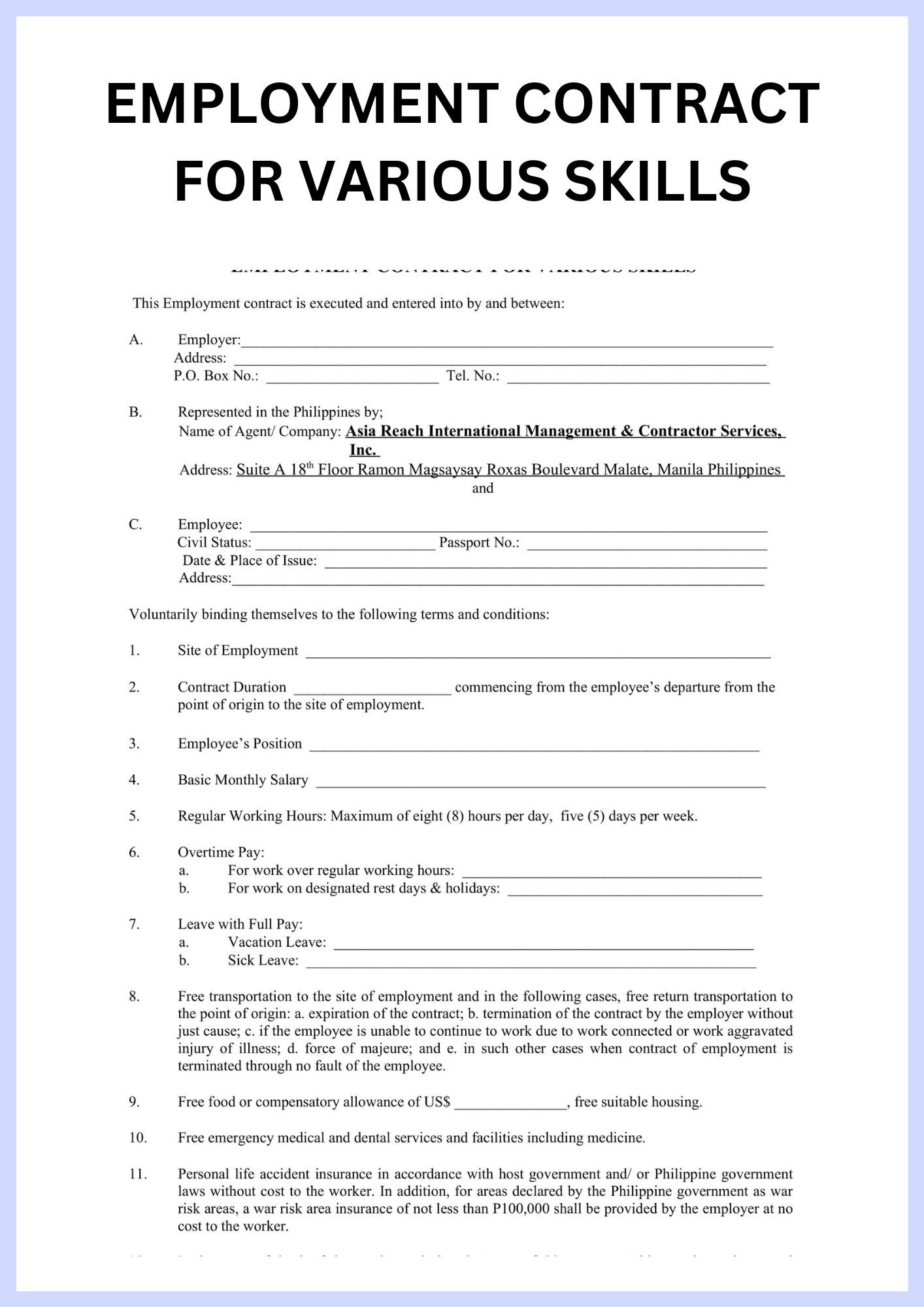 Sample Printable Employment Contract Sample Forms Template 2023