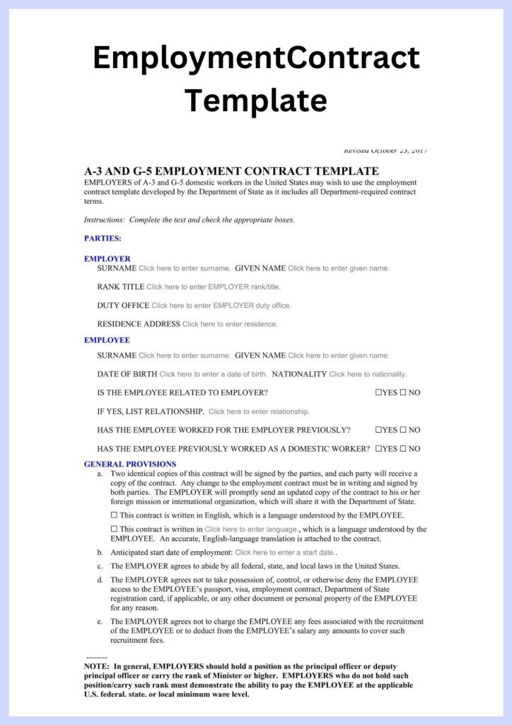 Sample Printable Employment Contract Sample Forms Template 2023
