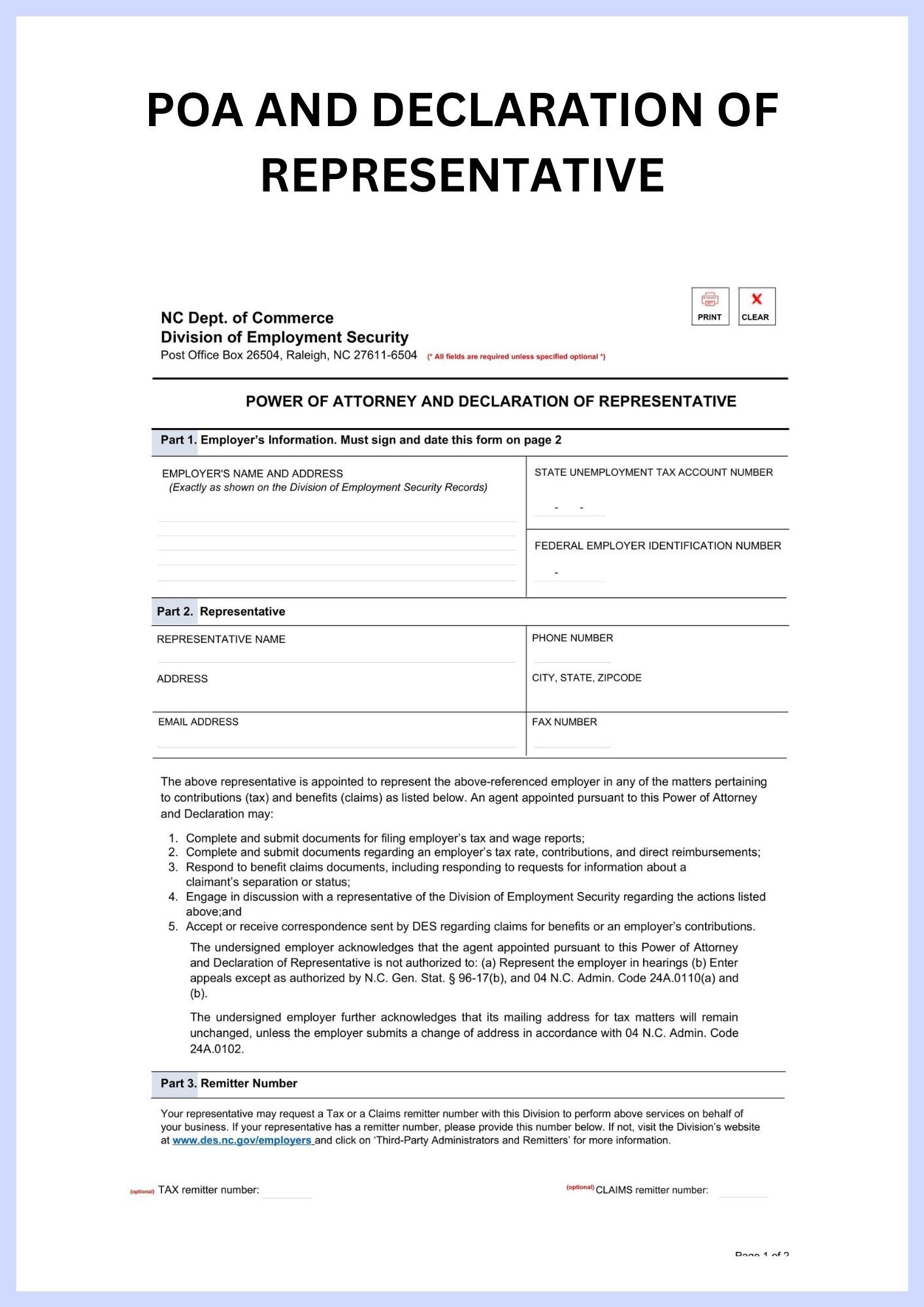 Sample Printable Power Of Attorney And Declaration Of Representative ...